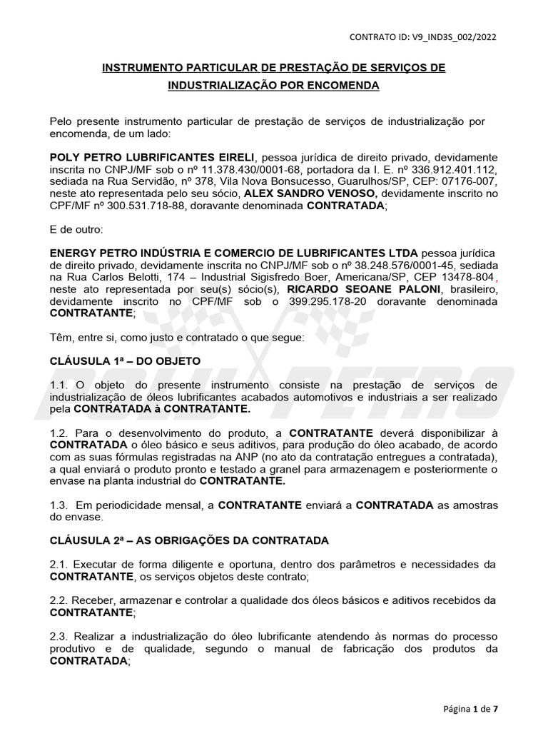 Contrato de Industrialização Energy e Poly Petro | PDF | Administração ...