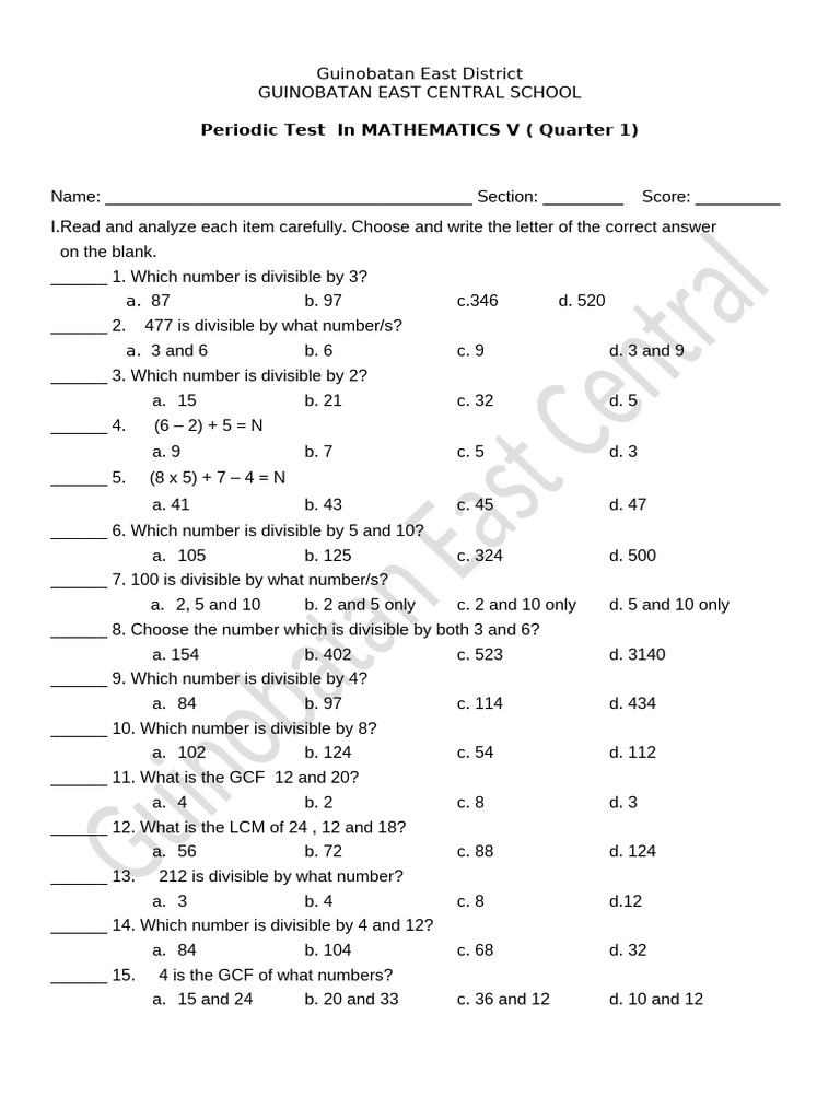 Mathematics V Periodic Test Q1 | PDF | Number Theory | Elementary ...