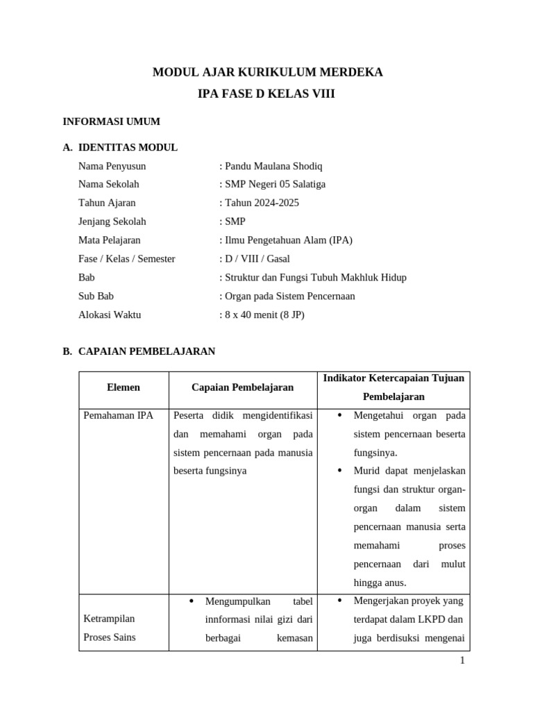 Modul Ajar PPL. 2 (SISTEM PENCERNAAN) Awal | PDF