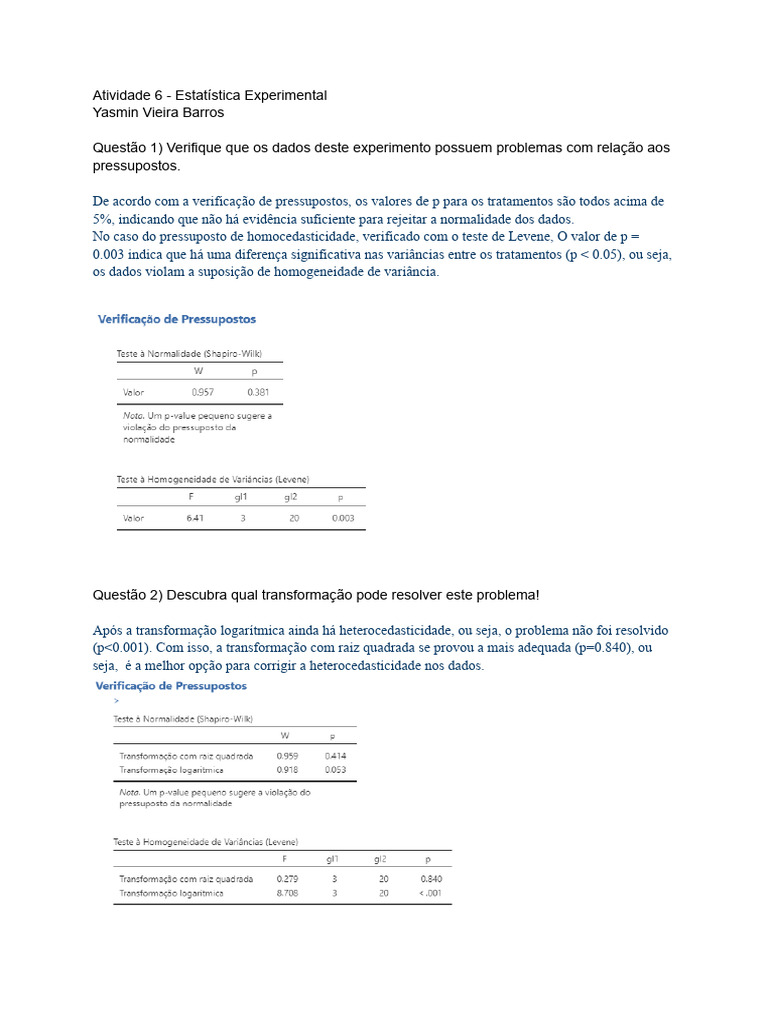 Atividade 6 - Estatistica Experimental | PDF