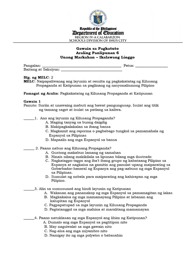 Gawain Sa Pagkatuto Araling Panlipunan 6 Unang Markahan - Ikalawang Linggo | PDF