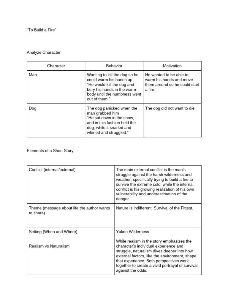 "To Build A Fire" Worksheet | PDF | Fear | Psychological Concepts