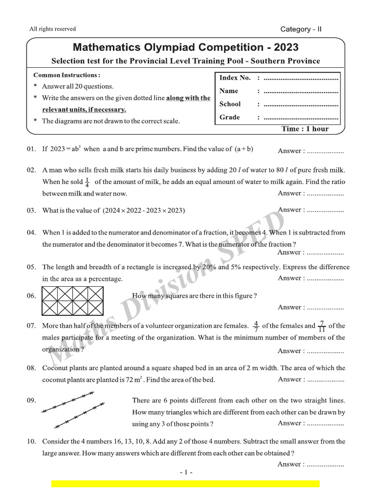 2023 Mathematics Olympiad Past Paper Southern Province Category II ...