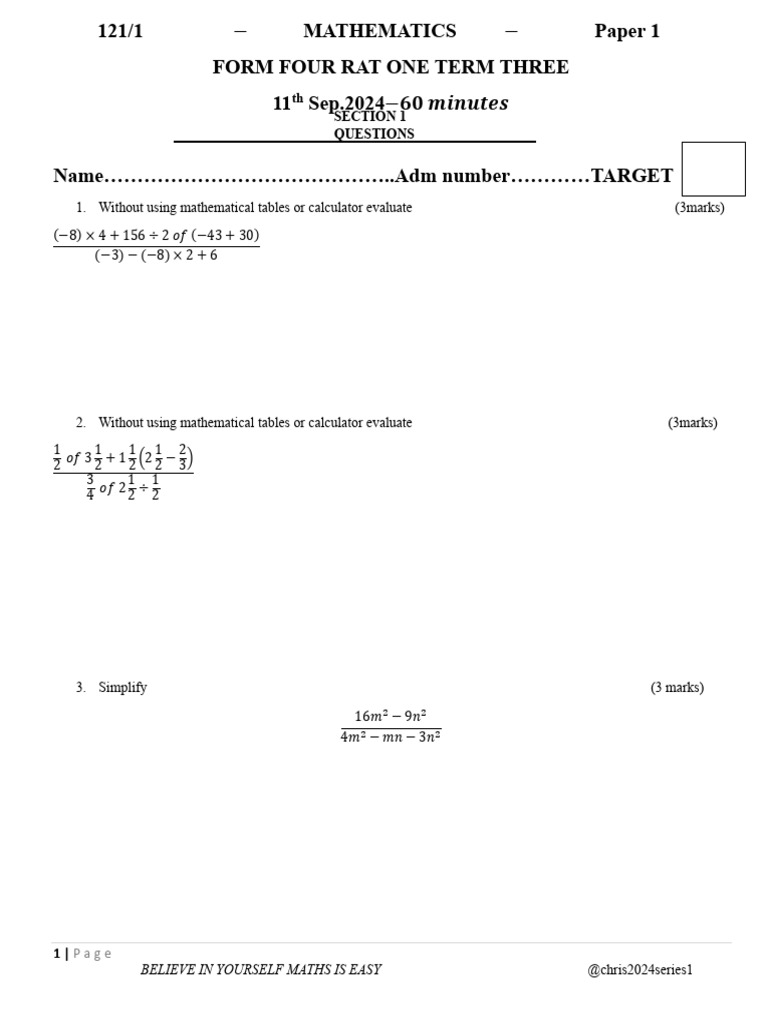 RAT 1 | PDF | Inequality (Mathematics) | Mathematics