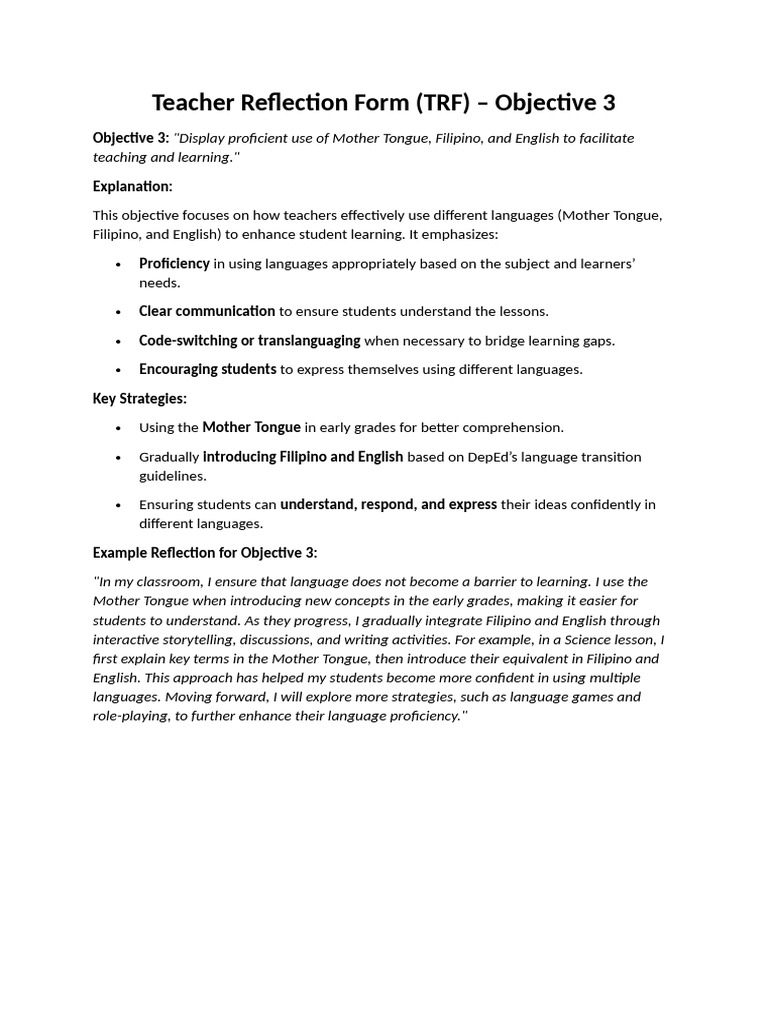 Teacher Reflection Form 3 | PDF