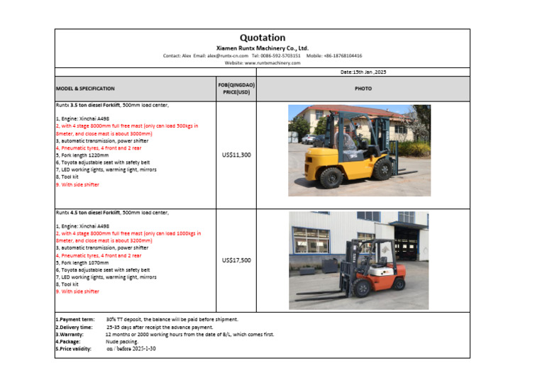 Runtx Forklift Quotation Details | PDF