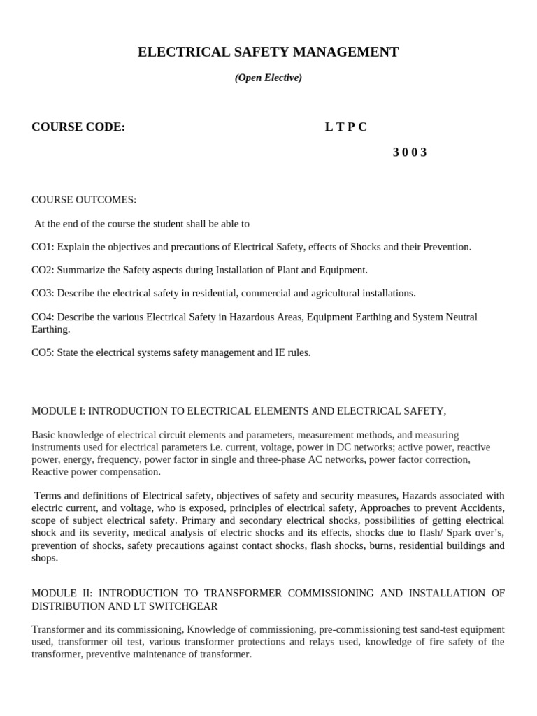 Electrical Safety Management Course | PDF | Transformer | Electric ...