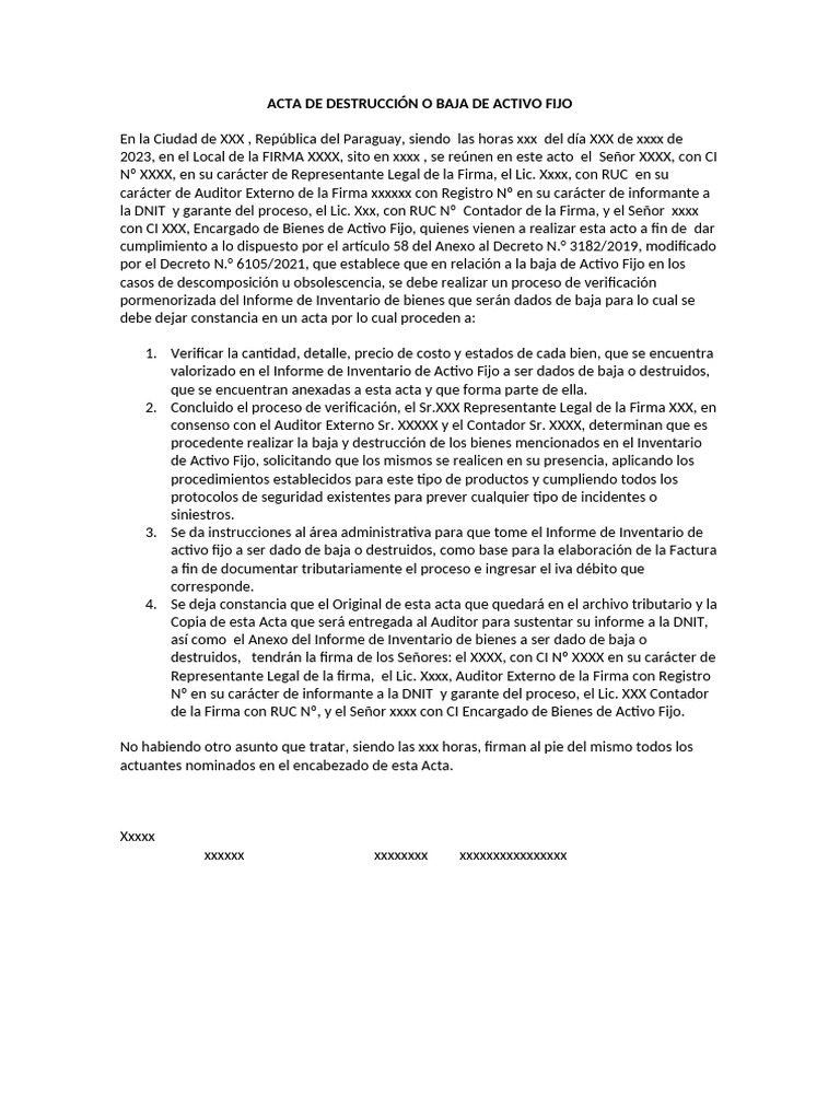 Acta Baja de Activo Fijo Paraguay | PDF