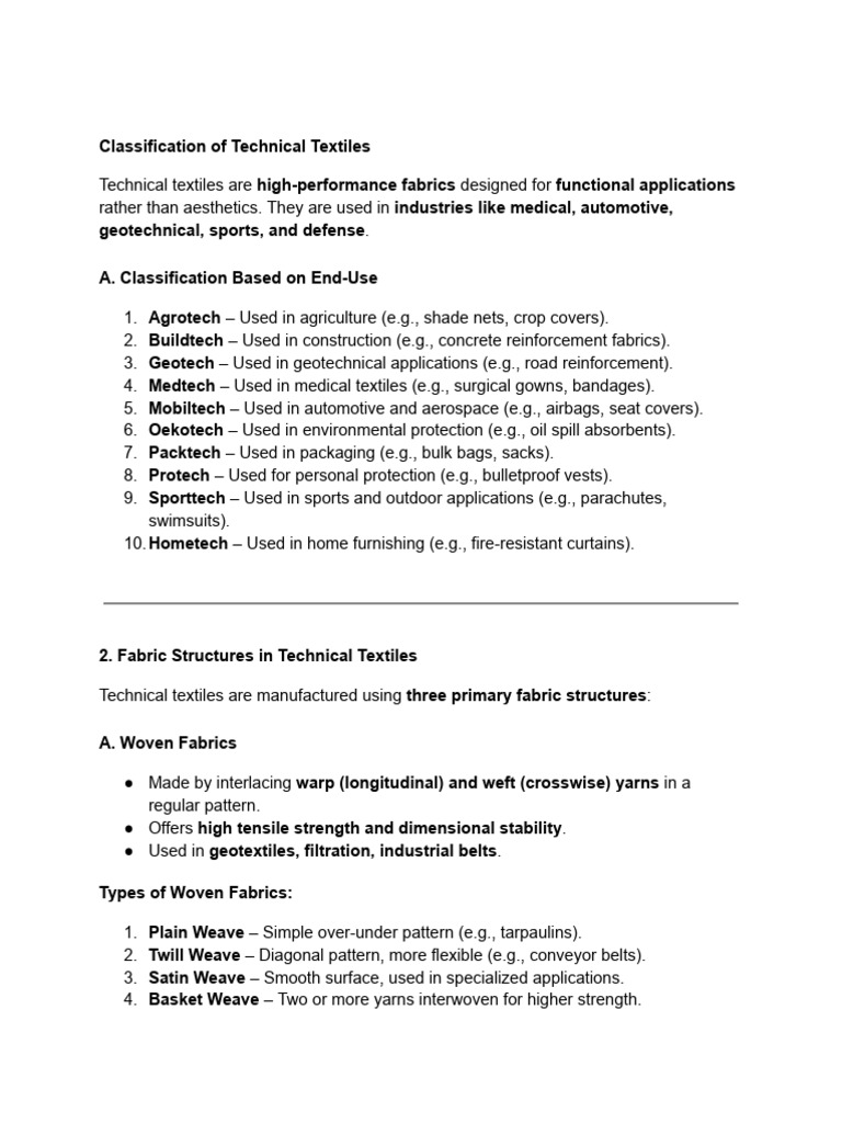 Classification of Technical Textiles | PDF | Textiles | Nonwoven Fabric