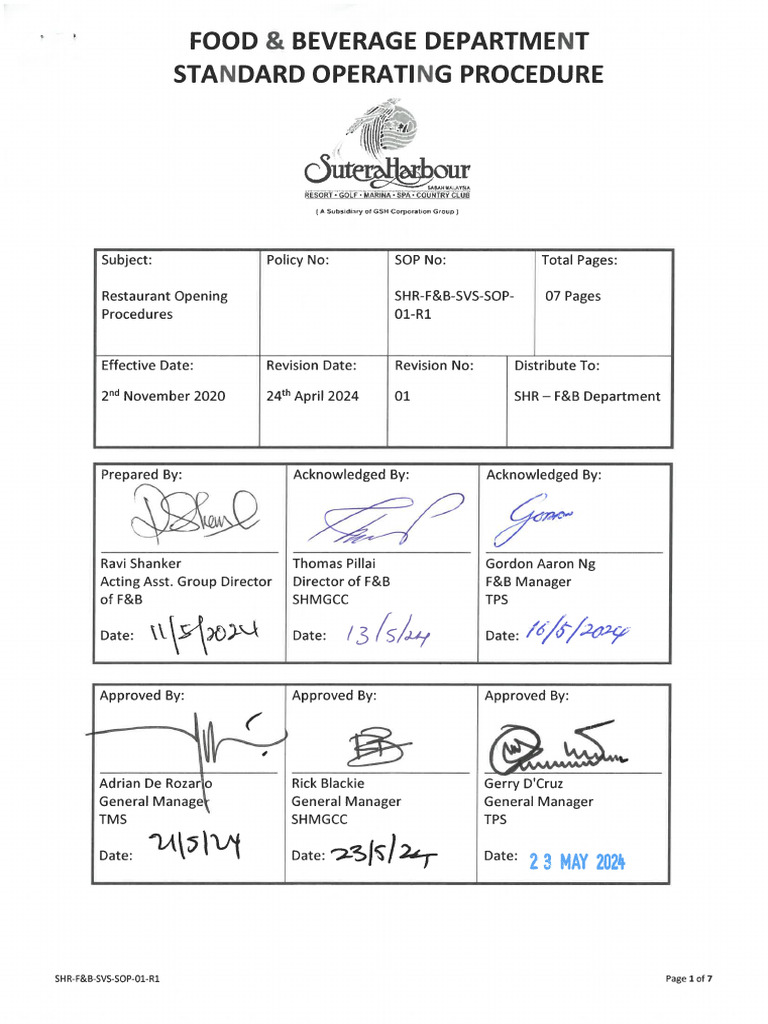 SHR-F&B-SVS-SOP-01-R1 Restaurant Opening Procedures | PDF