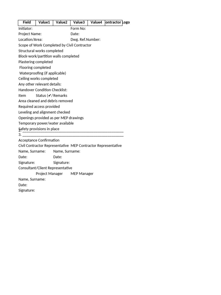 Civil Contractor Handover Checklist | PDF