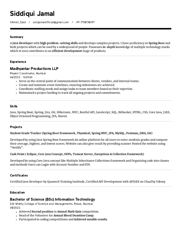 Java Developer with Spring Boot Expertise | PDF