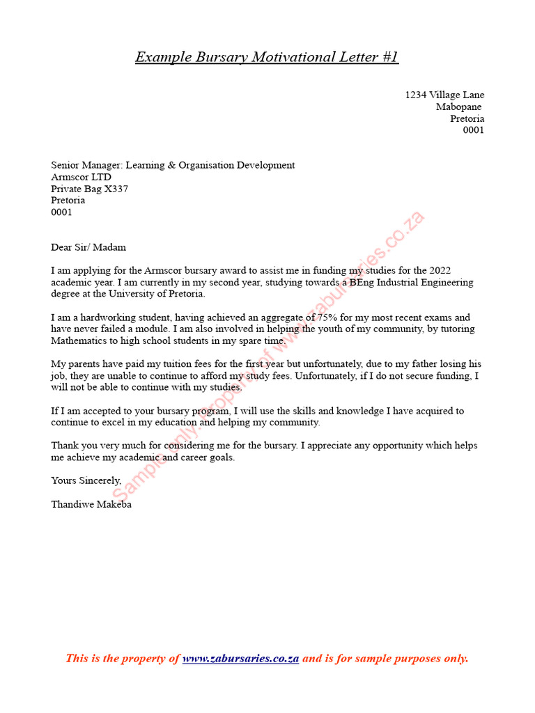 Example Bursary Motivational Letter 1 | PDF