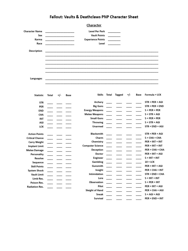 Fallout PNP Character Sheet Template | PDF