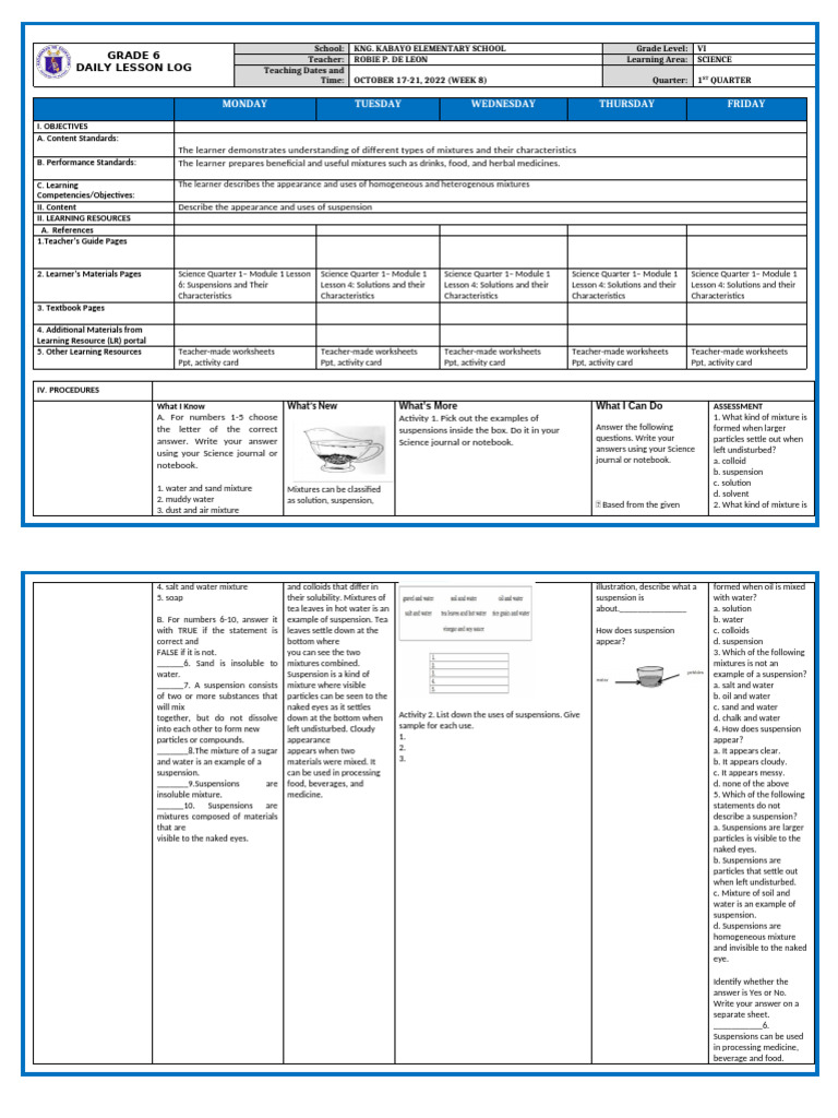 Melc-Based Science DLL Quarter 1 Week 6 | PDF | Mixture | Suspension (Chemistry)