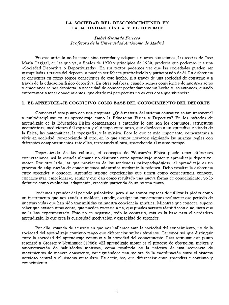 LA SOCIEDAD DEL DESCONOCIMIENTO EN LA ACTIVIDAD FISICA Y EL DEPORTE ...