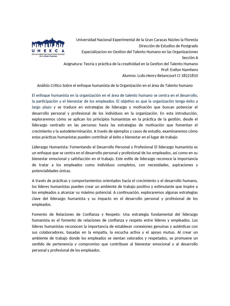 Enfoque Humanista en Talento Humano | PDF | Liderazgo | Desarrollo personal