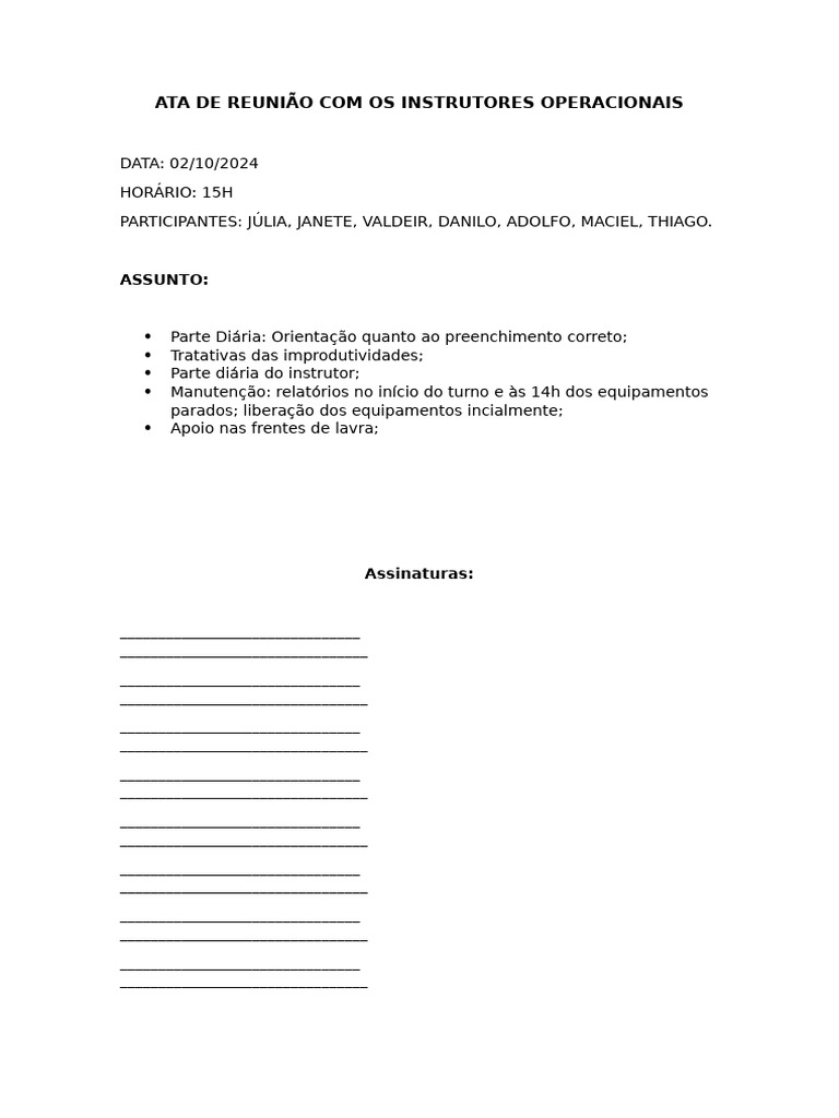 Ata da Reunião dos Instrutores Operacionais | PDF