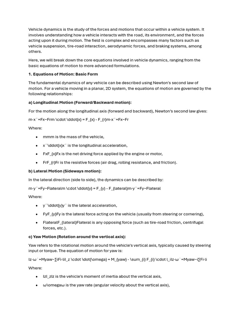 Understanding Vehicle Dynamics Equations | PDF | Rotation Around A ...