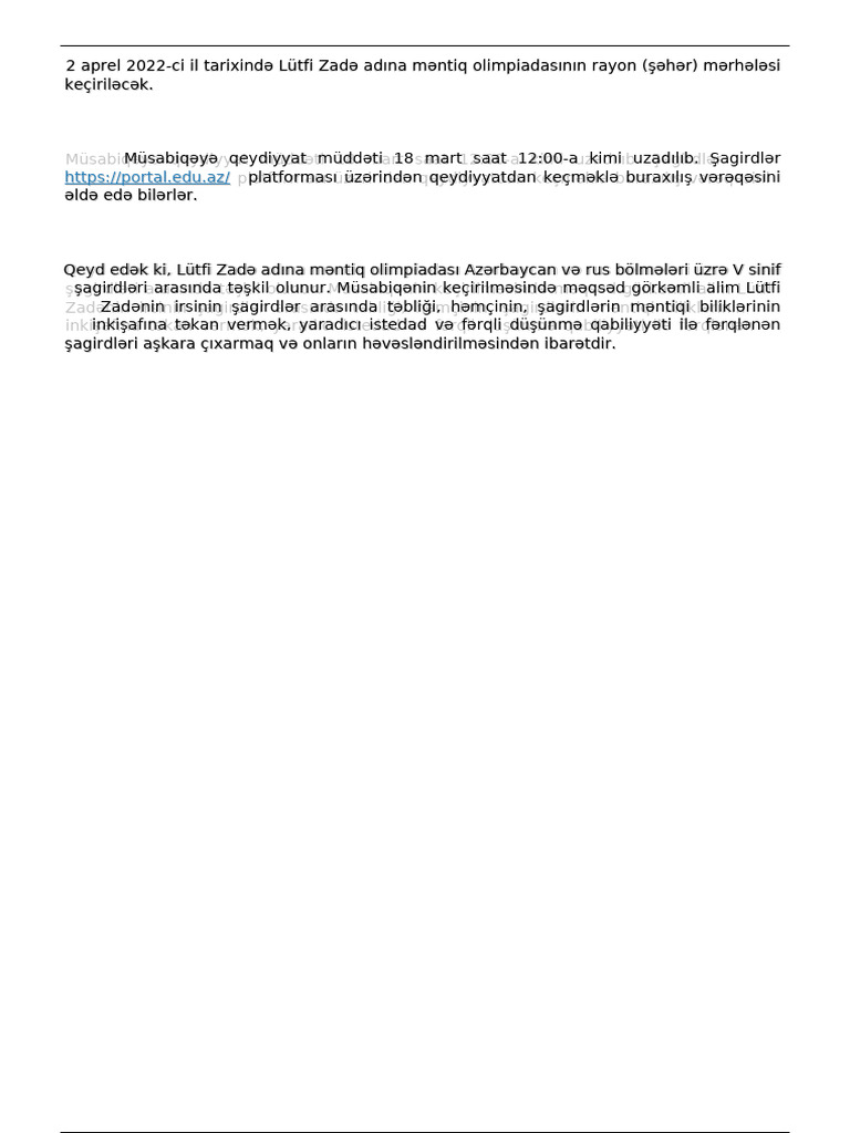 Ltfi Zad Adna Mntiq Olimpiadasna Qeydiyyat Davam Edir | PDF