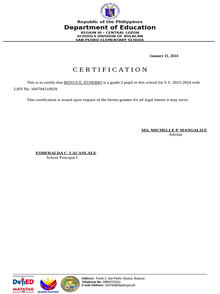 Certification for Grade 2 Student Eusebio | PDF