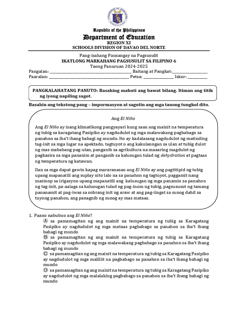 TQ Filipino 6 3rd Quarter | PDF
