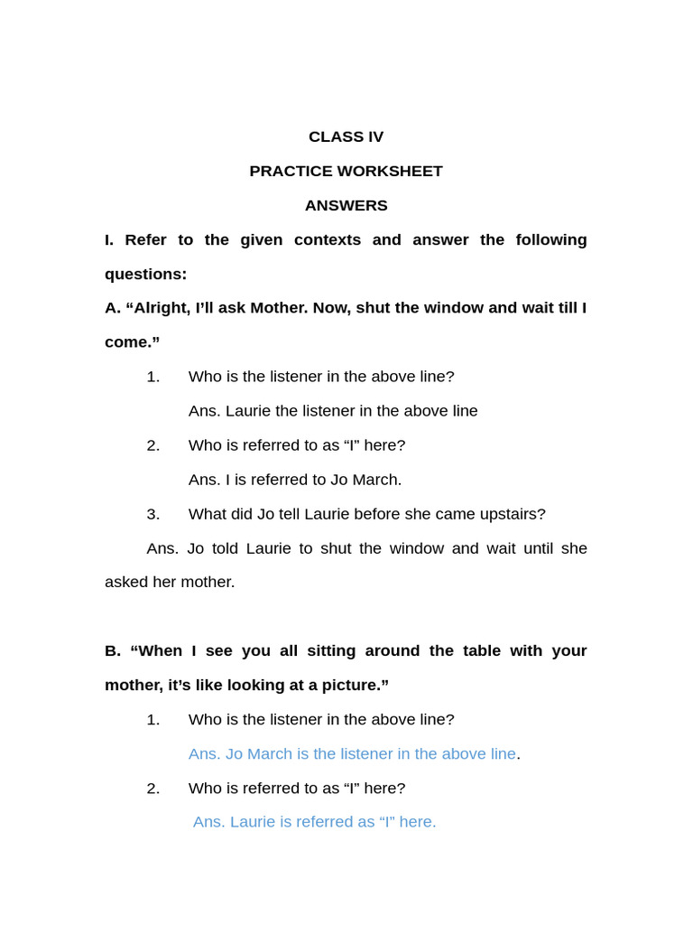Class IV Practice Worksheet Answers (1) | PDF | Adverb | Linguistics
