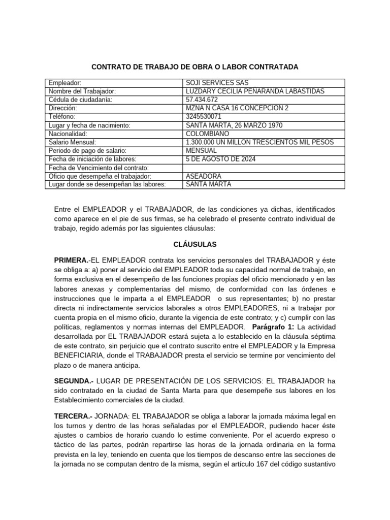 CONTRATO OBRA O LABOR LUZDARY PEÑARANDA | PDF | Salario | Derecho laboral