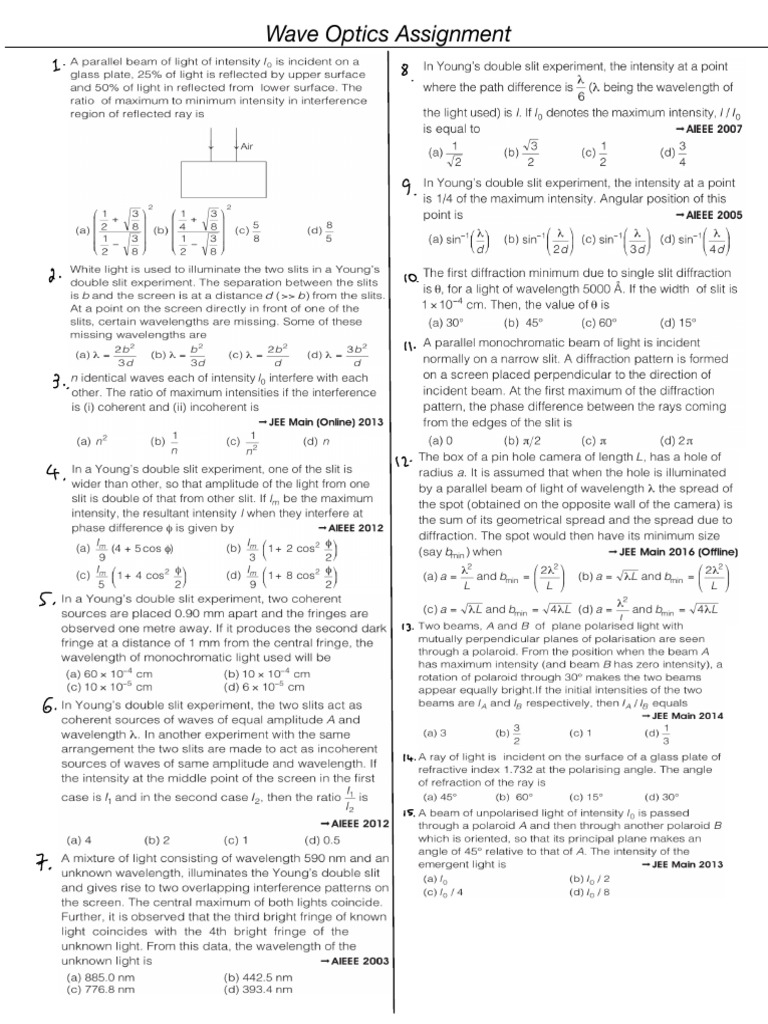 Wave Optics Assignment (1) 7878 | PDF