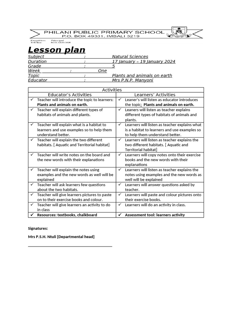 Grade 5 Natural Science Term 4 Plans | PDF | Teachers | Lesson Plan