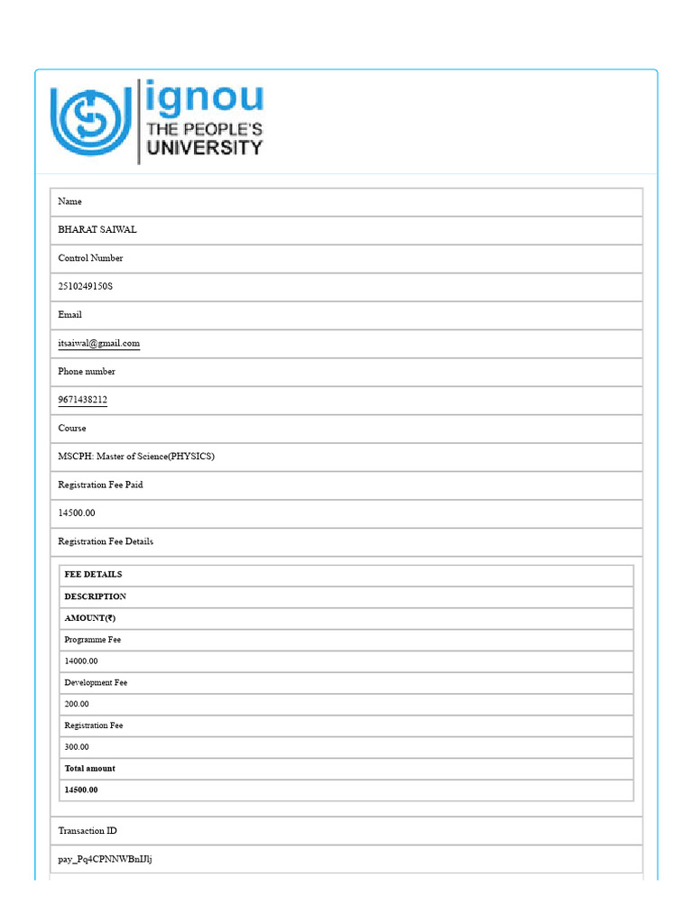 MS Physics Registration Receipt | PDF
