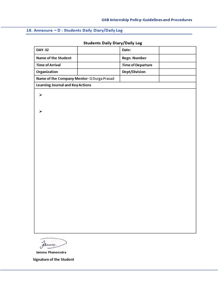 GSB Internship Daily Log Example | PDF