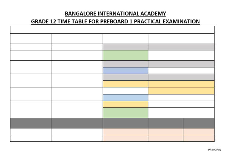 Bangalore Academy Grade 12 Preboard Timetable | PDF