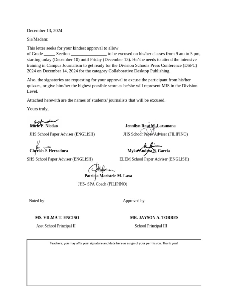 Excused Letter For DSPC Participants | PDF | Mass Media