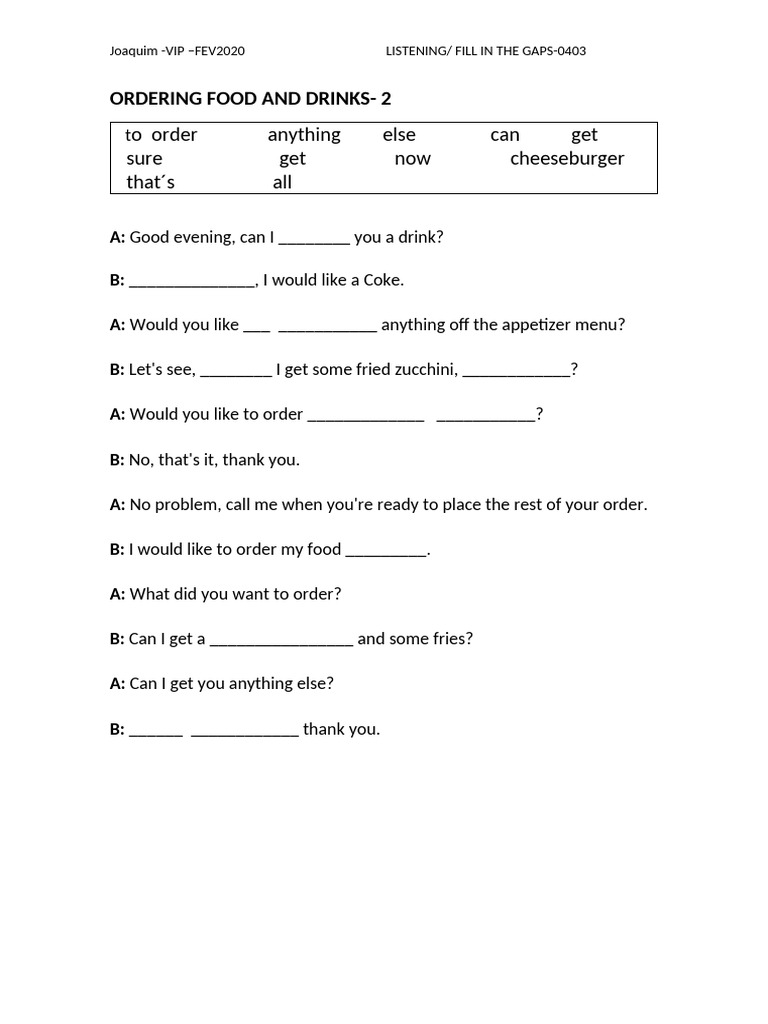 Ordering Food and Drinks Listening 0403 | PDF