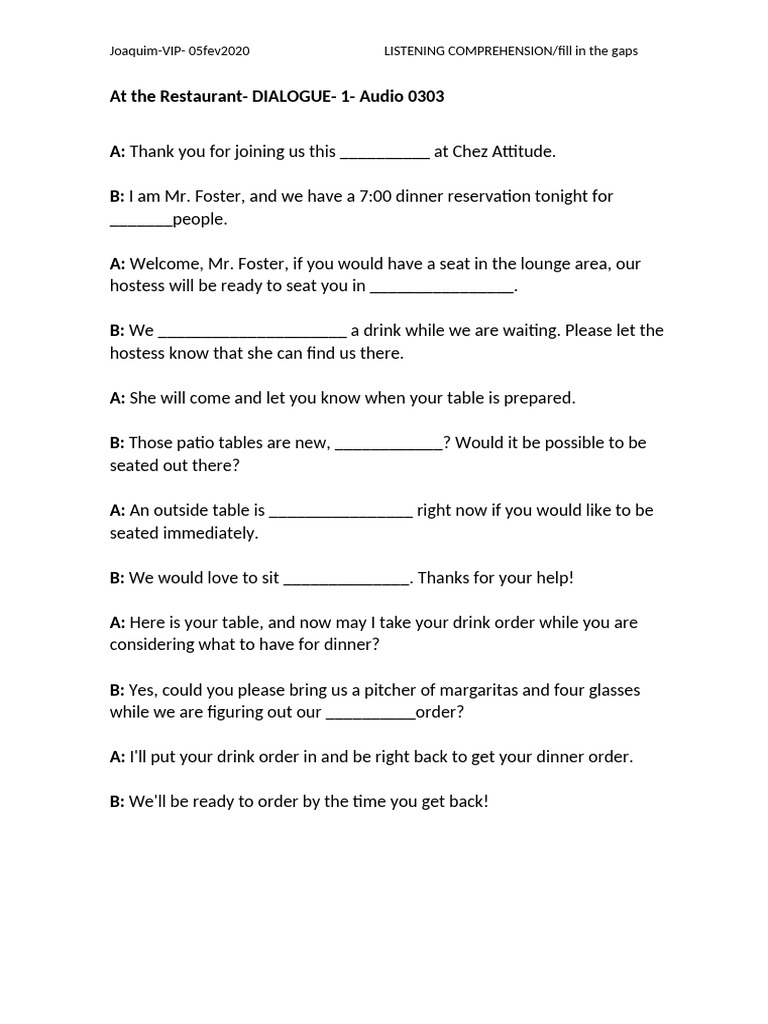 Restaurant Dialogue Listening Exercise | PDF