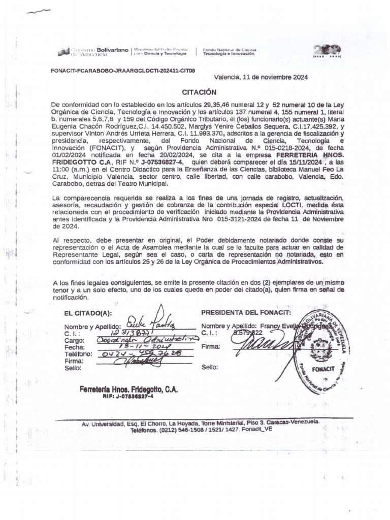 Fonacit - Citacion y Estado de Cuenta 29-10-2024 | PDF