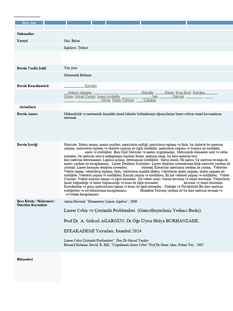 Ders Bilgi Formu-Lineer Cebir | PDF