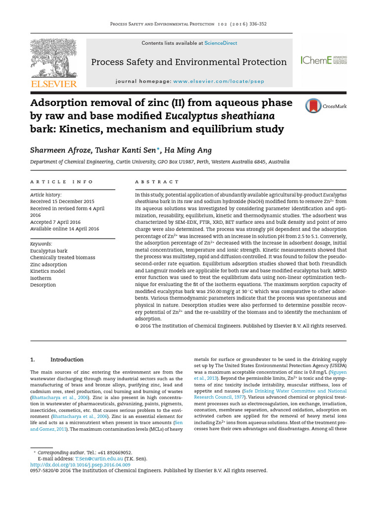 Zinc Removal Using Eucalyptus Bark Adsorbent | PDF | Adsorption | Materials
