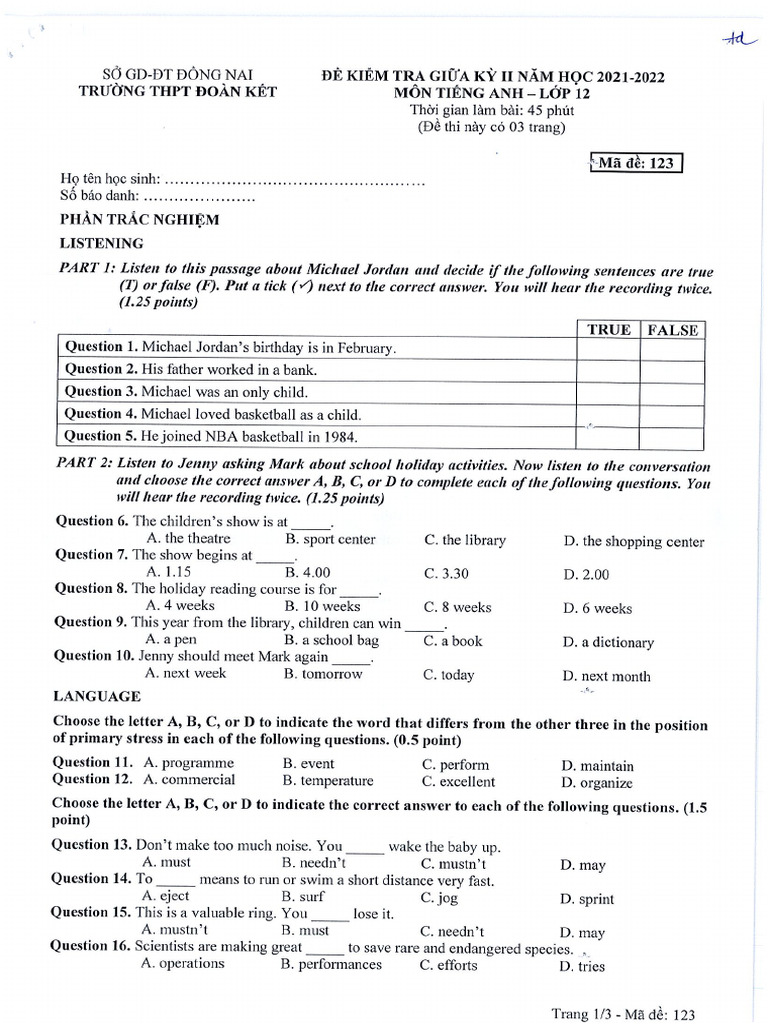 GKII - THPT DOAN KET - Dong Nai - 2021-2022 - KEY | PDF