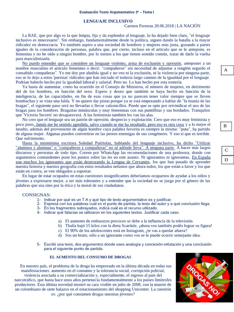 Evaluación Texto Argum 3ero | PDF | Cannabis (Droga) | Educación primaria