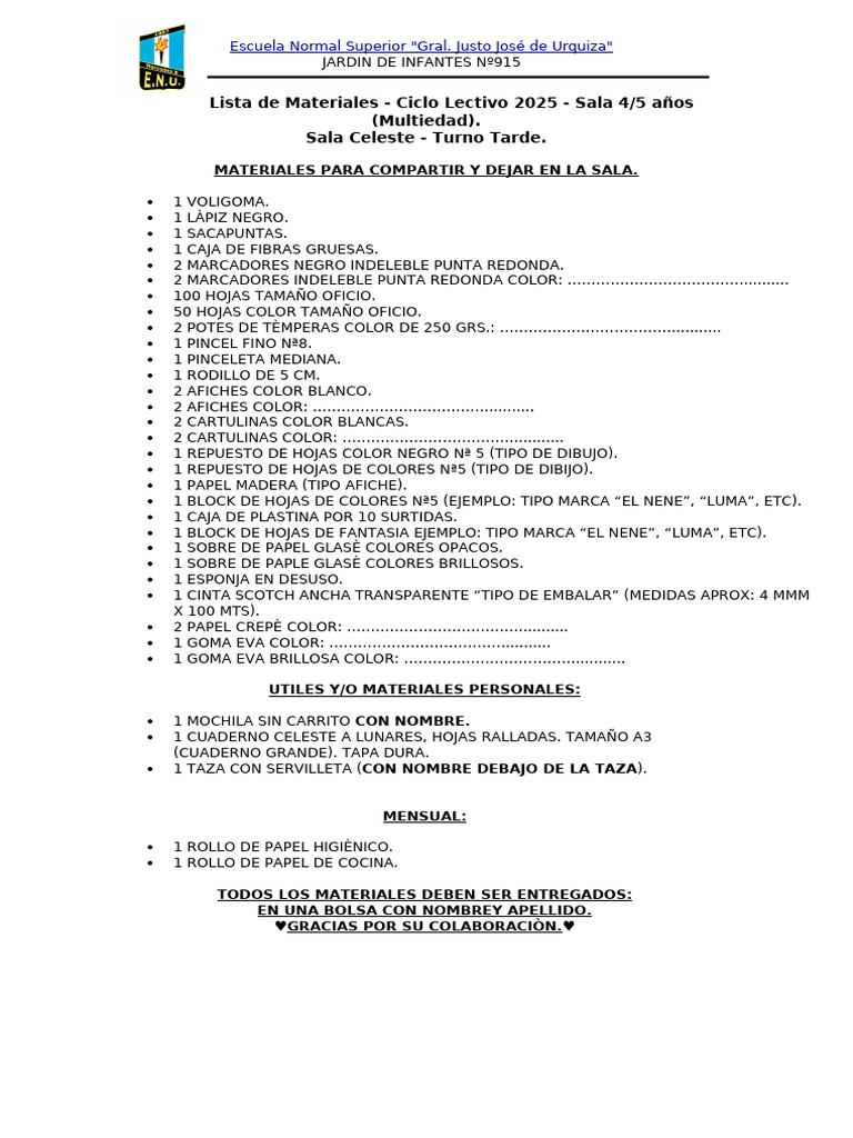 Lista de Materiales - CECI - 2025 | PDF