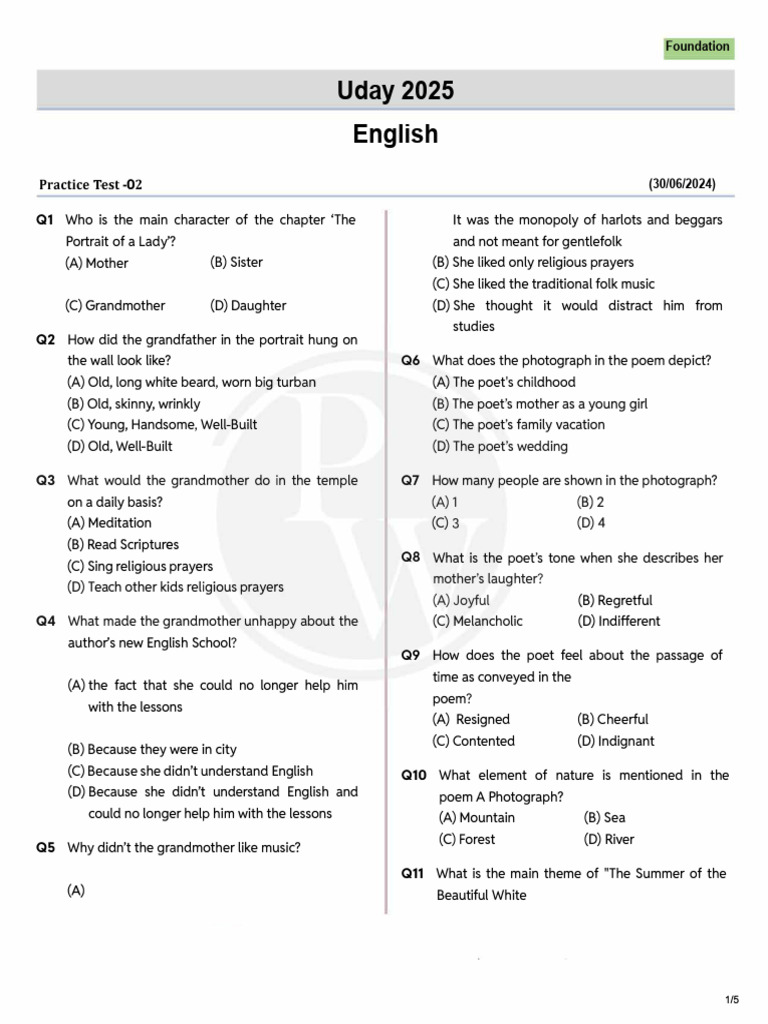Practice Test 02 - Test Paper (English) - Uday 2025 | PDF