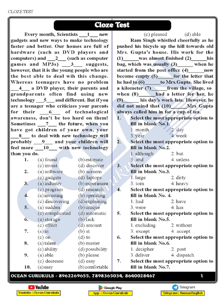 245 Cloze Test Live Class PDF Complete Vocabulary Extra Notes | PDF