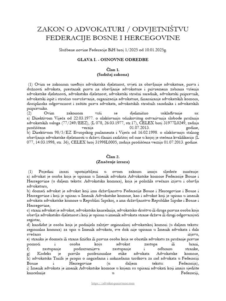 Zakon o Advokaturi FBiH | PDF