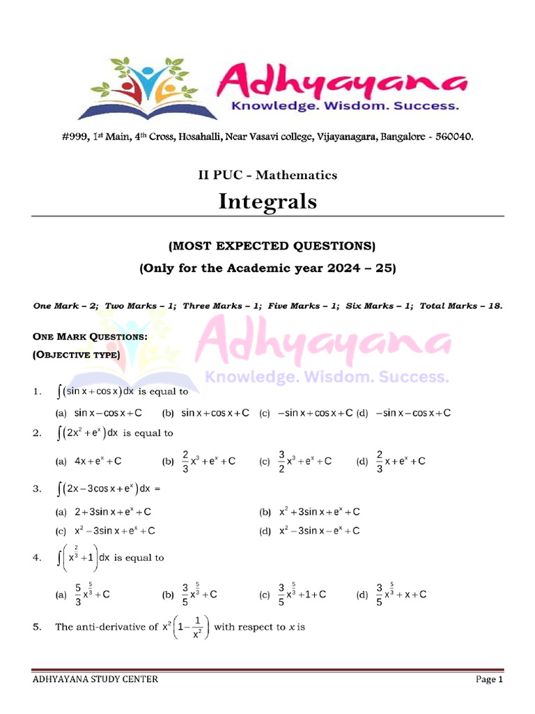 Integrals - QB (2024 - 25) - LG | PDF