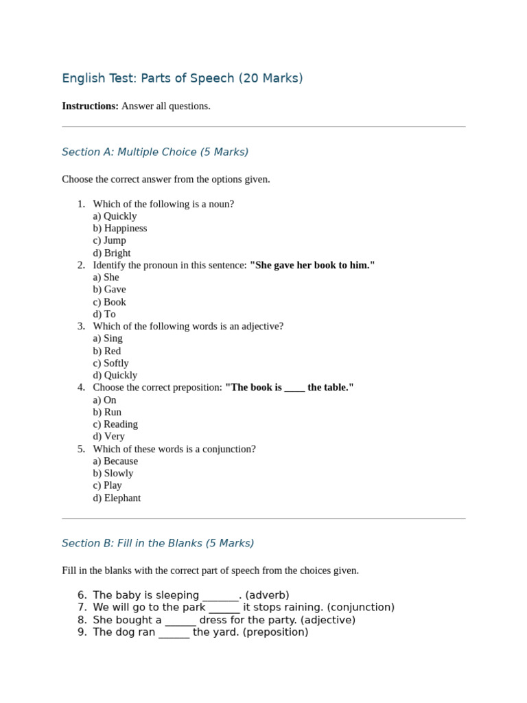 English Parts of Speech Test Guide | PDF