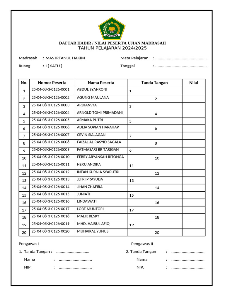 Daftar Hadir Ujian Sekolah-Madrasah | PDF