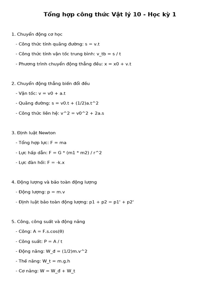 Tong Hop Cong Thuc Vat Ly 10 HK1 | PDF