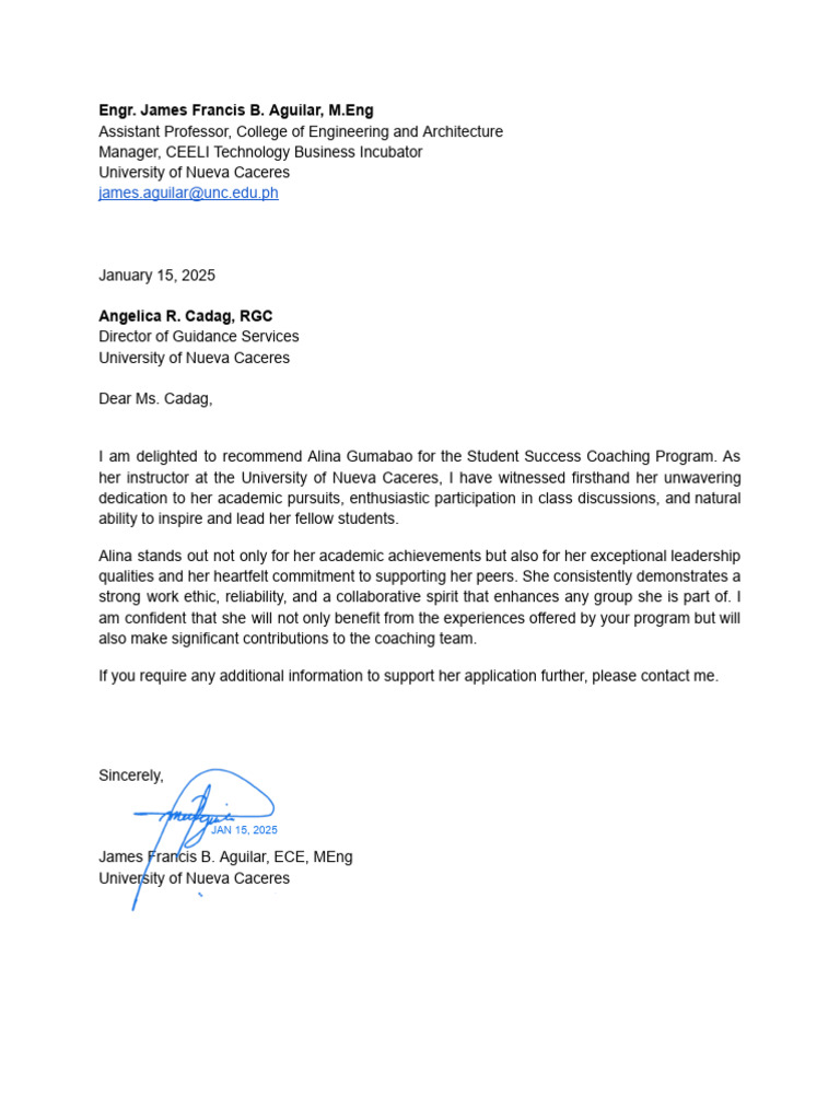 Reco Lettter_Gumabao (Sir James) | PDF